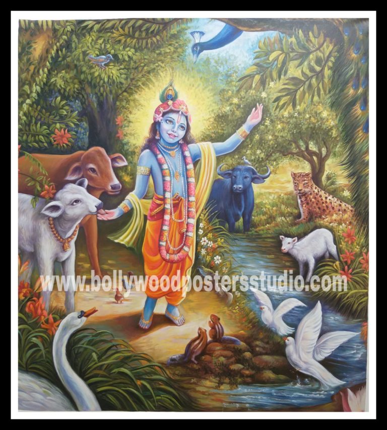 Canvas original Krishna in vrindavan oil painting | Bollywood Poster Studio